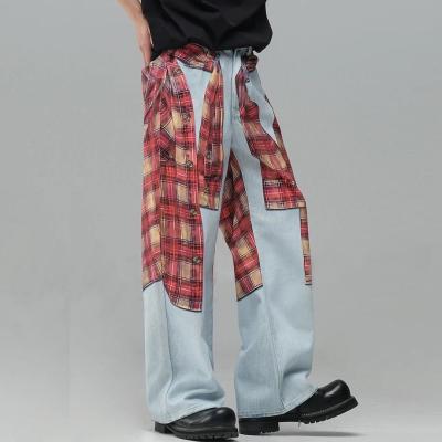 China Streetwear Designer Baggy Denim Jeans for Men Manufacturer Custom High Quality Sweat Pants Plaid Printed Jogger Jeans for Men for sale