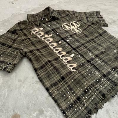 China High Quality Rhinestone Embroidery Printed Flannel Men's Shirt Custom Heavyweight Designer Cotton Plaid  Boxy Button up Shirt for sale