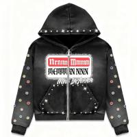 China Manufacturer Custom Men's Vintage Acid Wash Heavyweight Hoodie Gemstone Rhinestone Zip up Printed Distressed French Terry Hoodie for sale