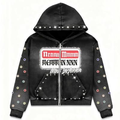 China Manufacturer Custom Men's Vintage Acid Wash Heavyweight Hoodie Gemstone Rhinestone Zip up Printed Distressed French Terry Hoodie for sale