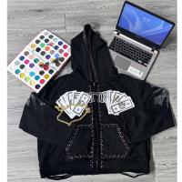 China Clothing Manufacturer Heavyweight Rhinestone Distressed Oversized Cropped Zip up Hoodie Custom Streetwear Cotton Hoodie for Men for sale