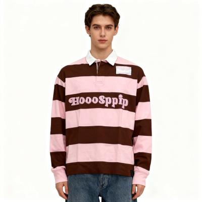 China Custom Stripes High Quality Oversized Embroidery T Shirt for Men Manufacturer 100% Cotton Long Sleeve Button Polo T-Shirt for sale