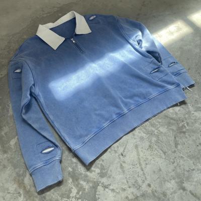 China Streetwear Custom Ripped Vintage Acid Wash Joggers Long Sleeve Polo t Shirts for Men Distressed French Terry Coton Polo T-shirt for sale
