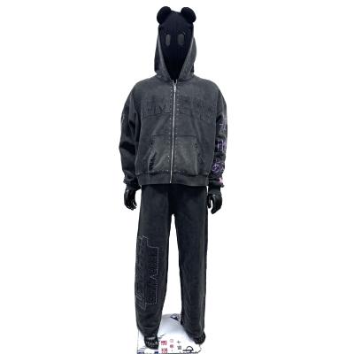 China Hot Selling Men's Vintage Rhinestone Flared Sweatpants and Hoodie 2 Piece Sets Custom Sun Faded Sweatsuit Embossed Tracksuit for sale