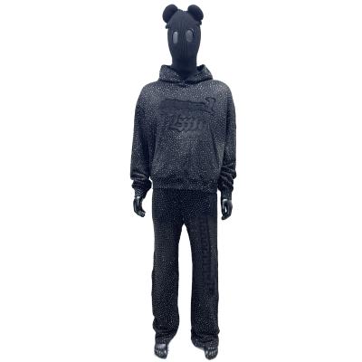 China Custom Manufacturer Sweatsuit Rhinestones Streetwear Tracksuit Baggy Oversized Acid Wash Men's Flared Sweatpants and Hoodie Sets for sale
