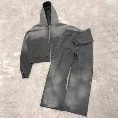 China Custom Men's Sportswear Set Colorful Rhinestone French Flared Sweatpants and Hoodie Sets Cotton Knitted Casual Style Sweatsuit for sale