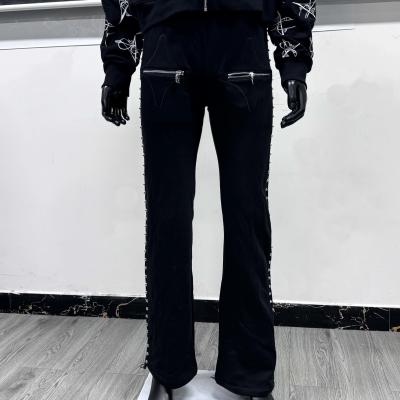 China Dongguan Manufacturer Custom Streetwear Baggy Rivet Men's Sweatpants Wide Leg Jogger Flared Zipper Acid Wash Sweat Pants for Men for sale