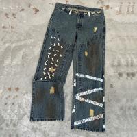 China Manufacturer Custom Vintage Oversized Heavyweight Plus Size Men's Denim Jeans Pants Baggy Stacked Wide Leg Print Dirty Jeans for sale