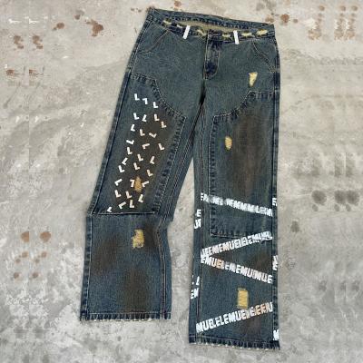 China Manufacturer Custom Vintage Oversized Heavyweight Plus Size Men's Denim Jeans Pants Baggy Stacked Wide Leg Print Dirty Jeans for sale