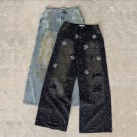 China Wholesale Custom Rhinestone Diamonds Baggy Oversized Denim Men's Jeans Flared All Over Printing Outfits High Quality Pants Jeans for sale