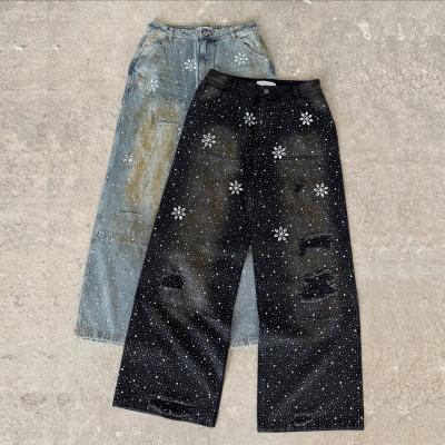 China Wholesale Custom Rhinestone Diamonds Baggy Oversized Denim Men's Jeans Flared All Over Printing Outfits High Quality Pants Jeans for sale