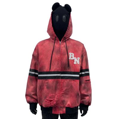 China Manufacturer Custom Men's Vintage Zip up Bomber Jacket Rhinestones Winter Safety Reflective Work Pattern Padded Varsity Jacket for sale