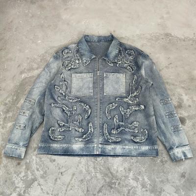 China Streetwear Acid Wash Plus Size Varsity Lapel Collar Long Denim Men's Jackets Custom Zip up Pocket Cool Tops Coat Clothes Jacket for sale