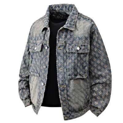 China OEM Denim Jacket High Street Jacquard Embroidered Old Acid Wash Jean Men's Coat Loose Oversized Jogger Vintage Jacket for Men for sale