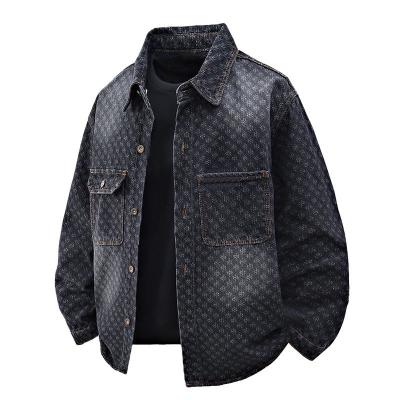 China Custom Designer Fashion Jacquard Printed Denim Jacket for Men High Quality Jean Work Casual Streetwear Cotton Distressed Jacket for sale