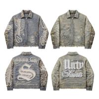 China Custom Streetwear Leopard Distressed Varsity Windbreaker Men's Jackets Denim Bomber Outdoor Zip up Coat Joggers Jacket for Men for sale