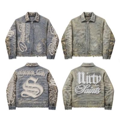 China Custom Streetwear Leopard Distressed Varsity Windbreaker Men's Jackets Denim Bomber Outdoor Zip up Coat Joggers Jacket for Men for sale