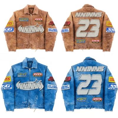 China Custom Designer Vintage Distressed Windbreaker Denim Jacket Joggers Embroidery Rhinestone Plus Size Varsity Coat Jacket for Men for sale