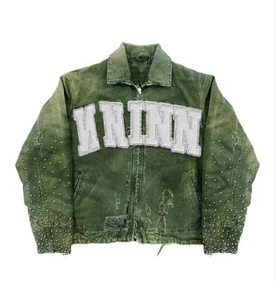 China Streetwear Manufacturer Wholesale Rhinestone Zip up Letterman Bomber Jacket for Men Custom Varsity Embroidery Cropped Jacket for sale