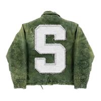 China Streetwear Manufacturer Wholesale Rhinestone Zip up Letterman Bomber Jacket for Men Custom Varsity Embroidery Cropped Jacket for sale