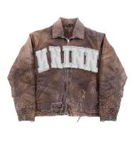China Streetwear Manufacturer Wholesale Rhinestone Zip up Letterman Bomber Jacket for Men Custom Varsity Embroidery Cropped Jacket for sale