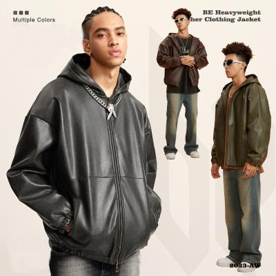 China Clothing Manufacture Custom Hooded Zip up Pu Leather Men's Jackets Loose Oversize Windbreaker Waterproof Joggers Jacket for Men for sale