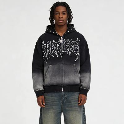 China Most Popular Acid Wash Heavyweight Zip up Rivet Loose Men's Hoodie Custom Top Coat Retro Vintage 100% Cotton Long Boxy Clothing for sale