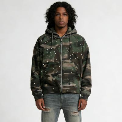 China Manufacturer Pearl High Quality Men's Hoodie Custom Heavyweight Camouflage French Terry Baggy Camo Streetwear Zip up Hoodie for sale