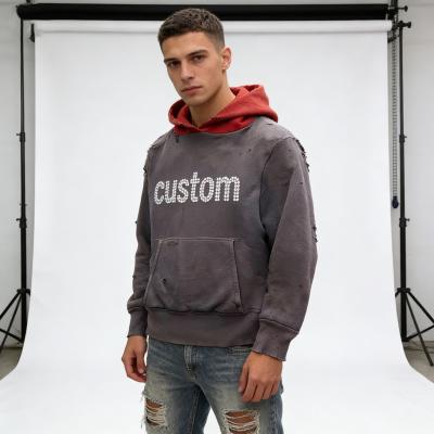 China Pullover Cropped Vintage 100% Cotton Rhinestone Sweatshirt Sample Manufacturer Custom Acid Wash Two Tone Mineral Blank Hoodie for sale