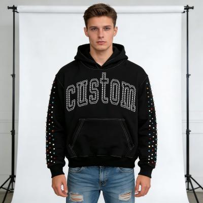 China Oem Odm Manufacturer High Quality Heavyweight Streetwear Rhinestone Oversized Men's Hoodie Custom Pullover Outer Stitching Boxy for sale