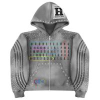China Heavyweight Pearl studded Rhinestone Graphic Print Acid Wash Sweatshirt Custom Zipup Vintage Stripe Oversized Boxy Hoodie Unisex for sale