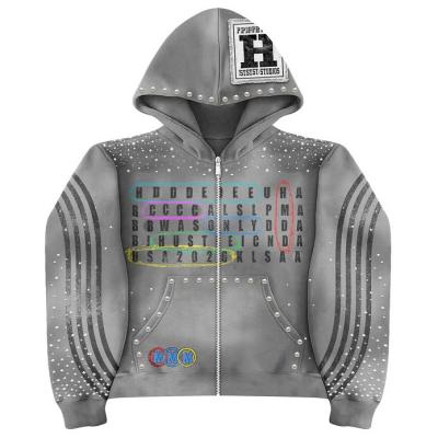 China Heavyweight Pearl studded Rhinestone Graphic Print Acid Wash Sweatshirt Custom Zipup Vintage Stripe Oversized Boxy Hoodie Unisex for sale