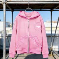China Top Manufacture Custom High Quality Acid Wash Vintage Distressed Fleece Cotton Sun Faded Oversized Pearl studded Zip up Hoodie for sale