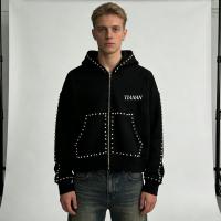 China Pearl studded Zip up Hoodie for Men Manufacturer Custom Heavyweight French Terry Cotton Rhinestone Black Hooded Men's Hoodie for sale