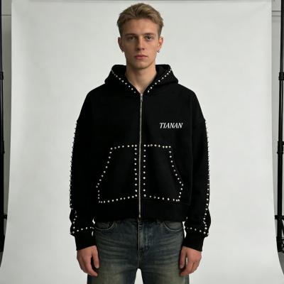 China Pearl studded Zip up Hoodie for Men Manufacturer Custom Heavyweight French Terry Cotton Rhinestone Black Hooded Men's Hoodie for sale