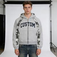China Custom Designer Patchwork Zip up Heavyweight Men's Sweatshirt Manufacturer Cotton Camouflage Graphic Oversized Baggy Boxy Hoodie for sale