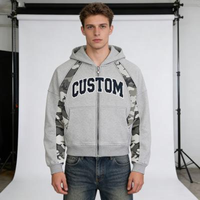 China Custom Designer Patchwork Zip up Heavyweight Men's Sweatshirt Manufacturer Cotton Camouflage Graphic Oversized Baggy Boxy Hoodie for sale