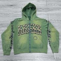 China Hot Selling Manufacturer Rhinestone Leopard Print Men's Hoodie Custom Heavyweight Vintage Distressed Zip up 100% Cotton Hoodie for sale