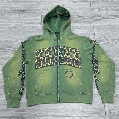 China Hot Selling Manufacturer Rhinestone Leopard Print Men's Hoodie Custom Heavyweight Vintage Distressed Zip up 100% Cotton Hoodie for sale