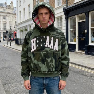China Custom 100% Cotton Unisex Oversize Hoodies Retro Street-Style Camo Camouflage Heavyweight Boxy Rhinestone Embroidery Patch Logo for sale