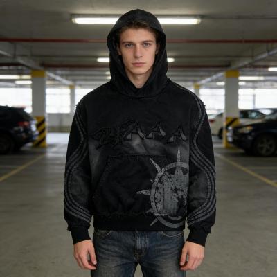China Custom Heavyweight Stripe Applique Patch Rhinestone Y2k Streetwear Oversized Pullover Acid Washed Vintage Sun Faded Hoodie Men for sale