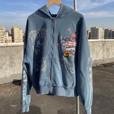 China Mingarment Custom Screen Printing Embroidery Blue Acid Wash Hip Hop Casual Boxy Oversized Activewear Sweatshirts Hoodie for Men for sale