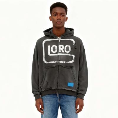 China Clothing Manufacturer Custom High Quality Vintage Cropped Heavyweight Distressed Zip up Printed Long Autumn Men's Hoodie for sale