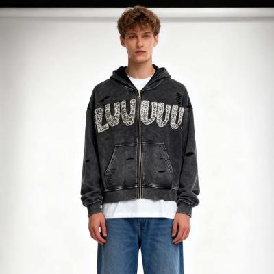 China Manufacturer Custom Heavyweight Rhinestone Hip Hop American Style Cross Border Streetwear Autumn Winter Acid Wash Hoodie for Men for sale