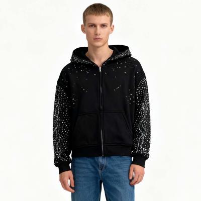 China Custom Top High Quality Streetwear Rhinestone Embellished Zip up Hip Hop Heavyweight Comfortable Basic Oversized Men's Hoodie for sale
