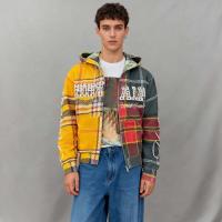 China Custom Oversized Streetwear 100% Cotton Plaid Rhinestone Flannel Hoodie Men Color Blocked Zip up Jacket Heavywegith Outdoor Long for sale