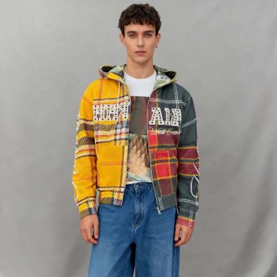 China Custom Oversized Streetwear 100% Cotton Plaid Rhinestone Flannel Hoodie Men Color Blocked Zip up Jacket Heavywegith Outdoor Long for sale