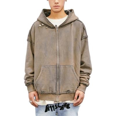 China OEM/ODM Custom Solid Oversized Washed Zip up Hoodie Organic Cotton Men's Street Wear French Terry Acid Washed Hoodie for sale
