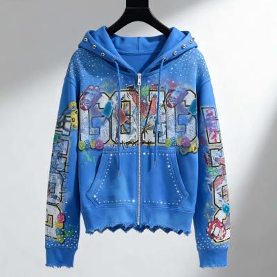 China Manufacturer Custom Men's Designer Heavyweight Acid Wash Rhinestone Hoodie Distressed Zip up Cropped Oversized Streetwear Hoodie for sale
