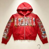 China Manufacturer Custom Men's Designer Heavyweight Acid Wash Rhinestone Hoodie Distressed Zip up Cropped Oversized Streetwear Hoodie for sale